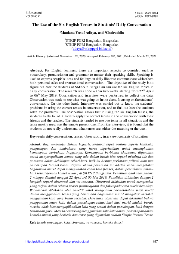 (PDF) The Use of the Six English Tenses in Students’ Daily Conversation