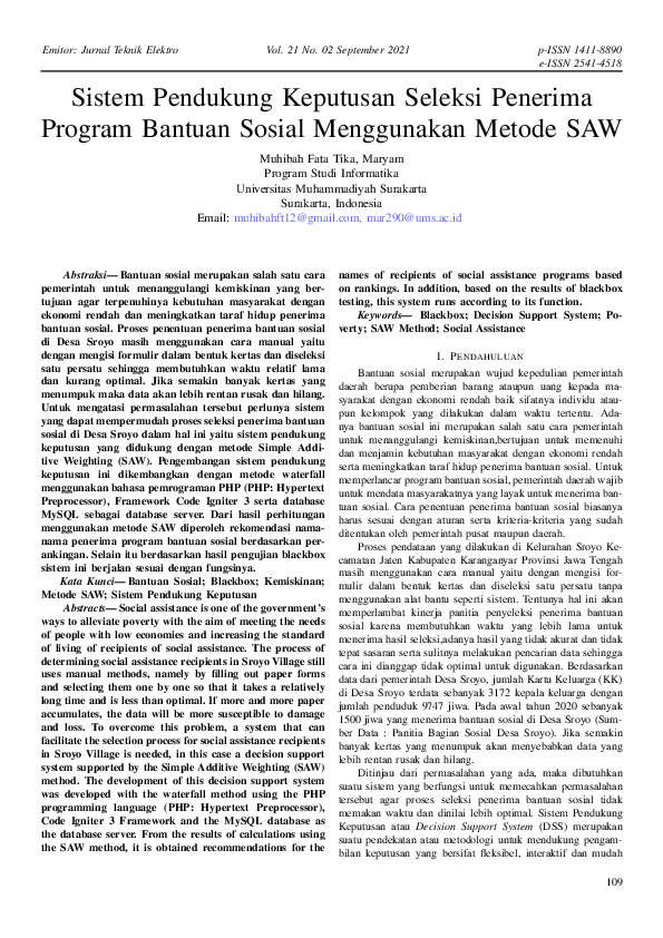 (PDF) Sistem Pendukung Keputusan Seleksi Penerima Program Bantuan Sosial Menggunakan Metode SAW