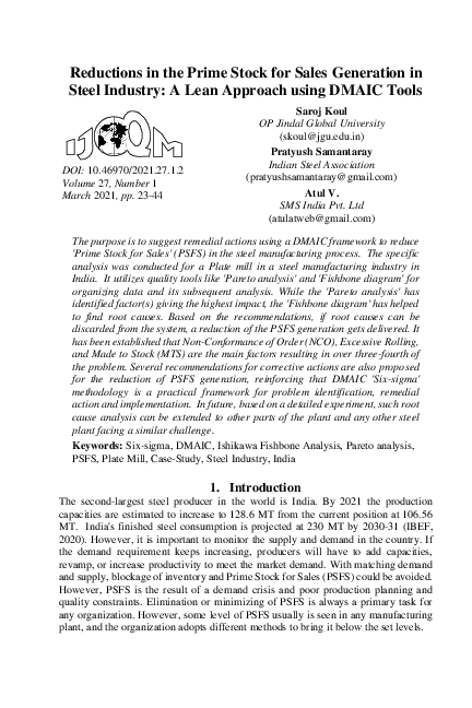 (PDF) Reductions in the Prime Stock for Sales Generation in Steel Industry: A Lean Approach ...