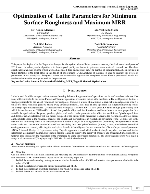 (PDF) Optimization of Lathe Parameters for Minimum Surface Roughness ... (PDF) Optimization of Lathe Parameters for Minimum Surface Roughness ...