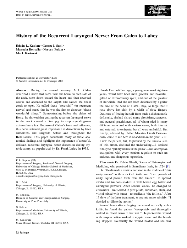 (PDF) History of the Recurrent Laryngeal Nerve: From Galen to Lahey