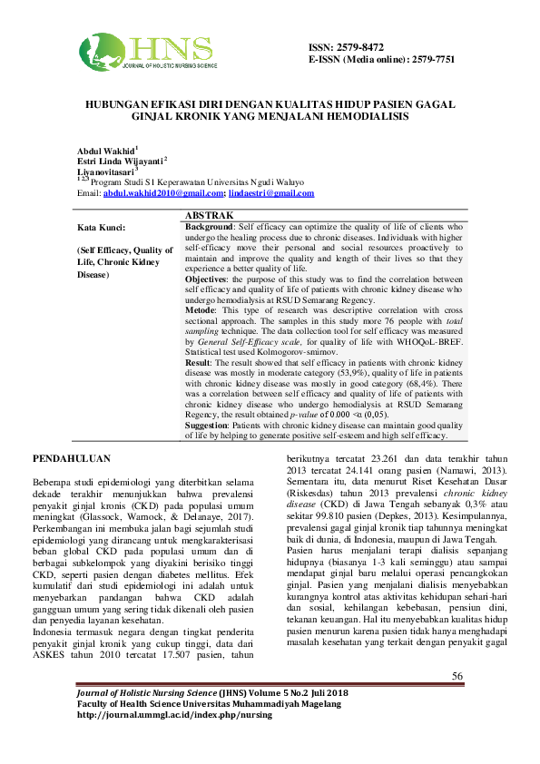 (PDF) Hubungan Efikasi Diri Dengan Kualitas Hidup Pasien Gagal Ginjal Kronik Yang Menjalani ...