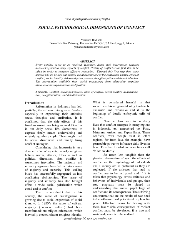 (PDF) Social Psychological Dimensions of Conflict