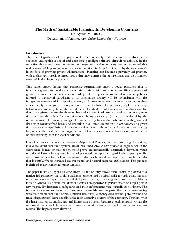 (PDF) The Myth of Sustainable Planning In Developing Countries