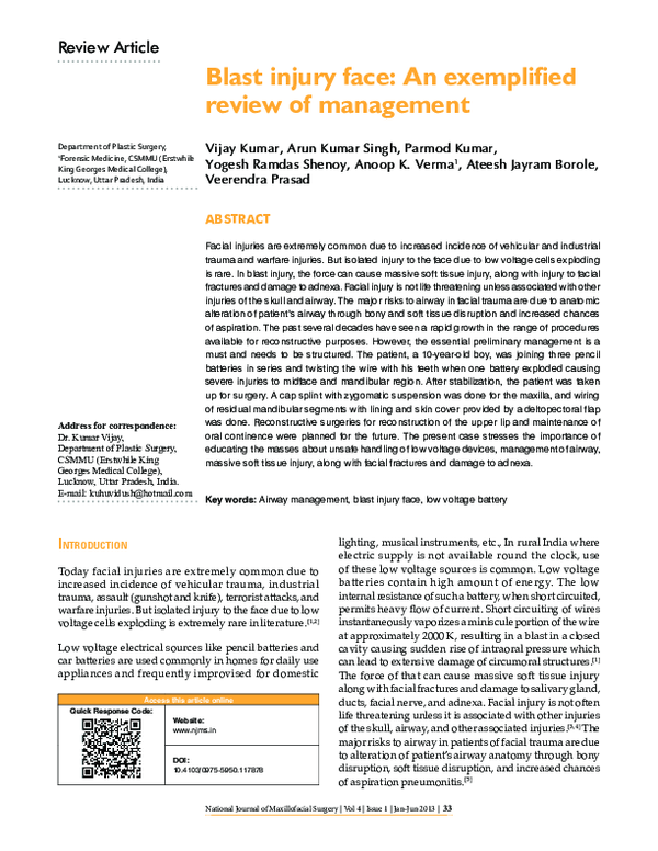 (PDF) Blast injury face: An exemplified review of management