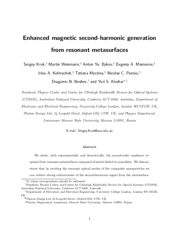 (PDF) Enhanced Magnetic Second-Harmonic Generation from Resonant Metasurfaces | Sergey Kruk ...