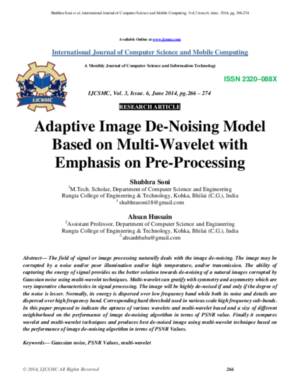 (PDF) Adaptive Image De-Noising Model Based on Multi-Wavelet with Emphasis on Pre-Processing