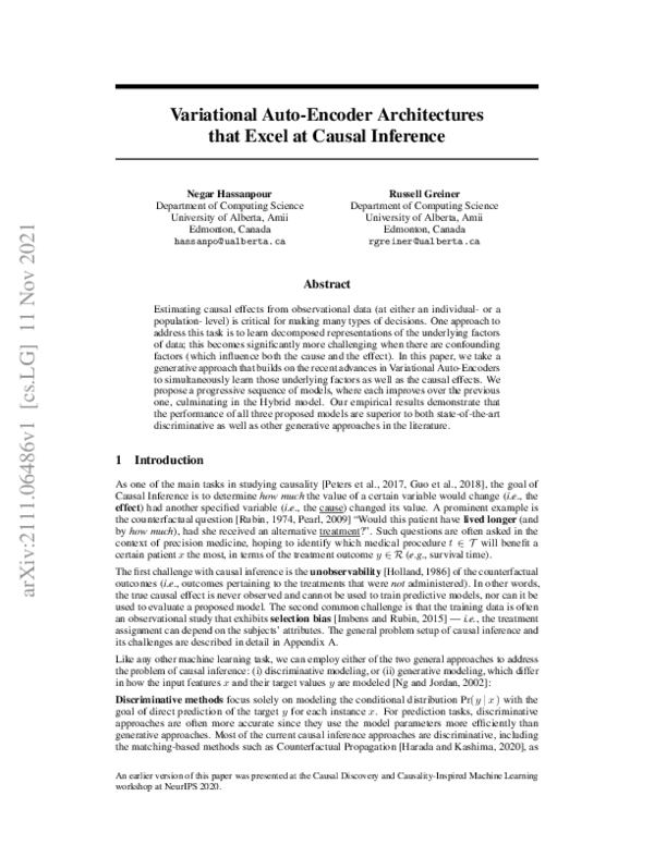 Pdf Variational Auto Encoder Architectures That Excel At Causal Inference