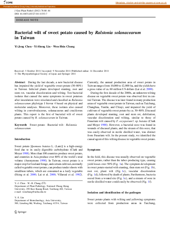 (PDF) Bacterial wilt of sweet potato caused by Ralstonia solanacearum ...