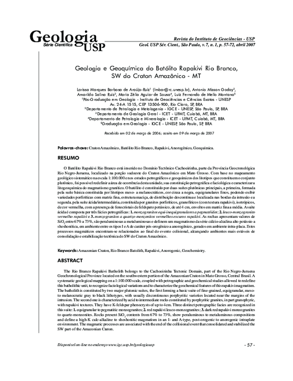 (PDF) Geologia e geoquímica do Batólito Rapakivi Rio Branco, SW do ...