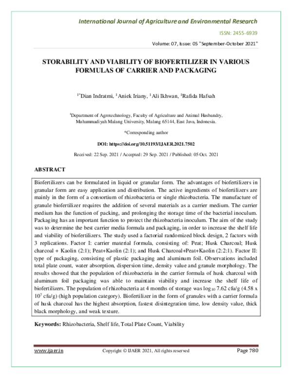(PDF) Storability and Viability of Biofertilizer in Various Formulas of ...