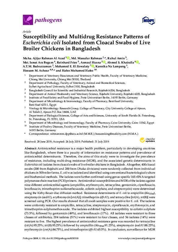 (PDF) Susceptibility and Multidrug Resistance Patterns of Escherichia coli Isolated from Cloacal ...
