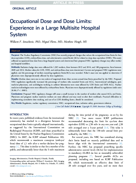 (PDF) Occupational Dose and Dose Limits: Experience in a Large ...
