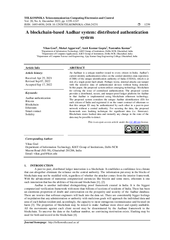 Pdf A Blockchain Based Aadhar System Distributed Authentication System 6270