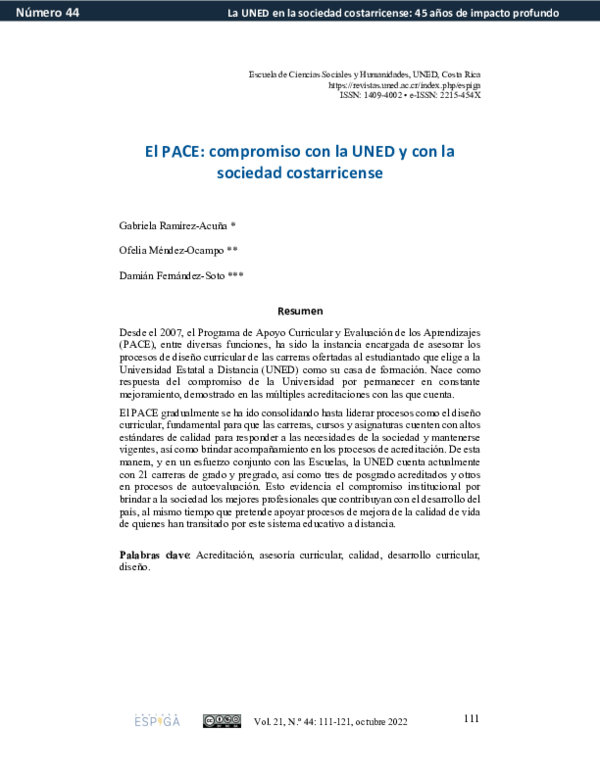 (PDF) El PACE: compromiso con la UNED y con la sociedad costarricense