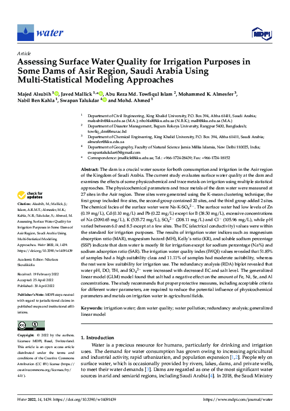 (PDF) Assessing Surface Water Quality for Irrigation Purposes in Some Dams of Asir Region, Saudi ...