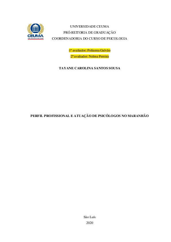 (PDF) PERFIL PROFISSIONAL E ATUAÇÃO DE PSICÓLOGOS NO MARANHÃO | Tayane ...