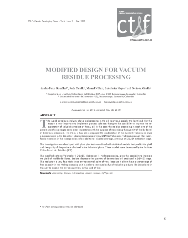 Pdf Modified Design For Vacuum Residue Processing Luis Hoyos