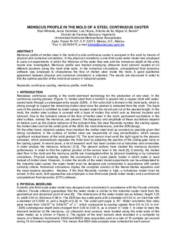 (PDF) Meniscus Profile in the Mold of a Steel Continuous Caster