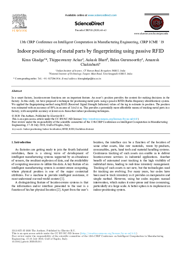 (PDF) Indoor positioning of metal parts by fingerprinting using passive RFID