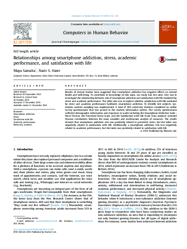 (PDF) Relationships among smartphone addiction, stress, academic performance, and satisfaction ...