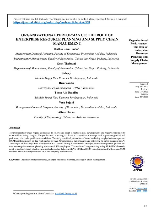 (PDF) Organizational Performance: The Role of Enterprise Resource Planning and Supply Chain ...