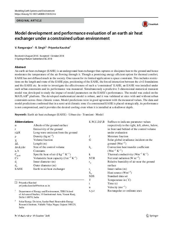 (PDF) Model development and performance evaluation of an earth air heat exchanger under a ...