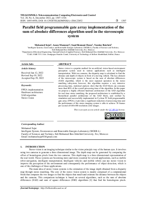 Pdf Parallel Field Programmable Gate Array Implementation Of The Sum Of Absolute Differences