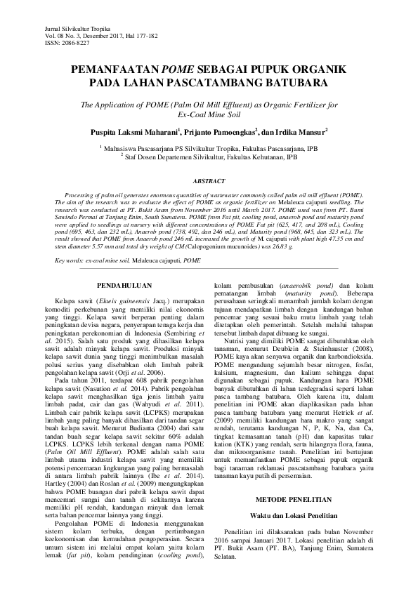 (PDF) PEMANFAATAN POME SEBAGAI PUPUK ORGANIK PADA LAHAN PASCATAMBANG ...