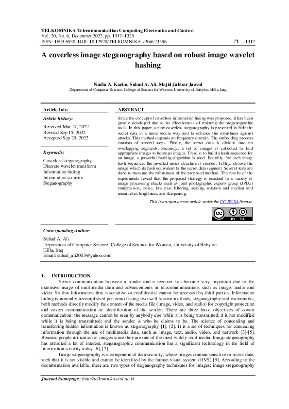 (PDF) A coverless image steganography based on robust image wavelet hashing