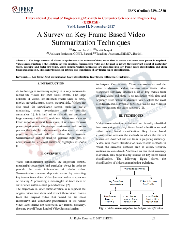 (PDF) A Survey on Key Frame Based Video Summarization Techniques