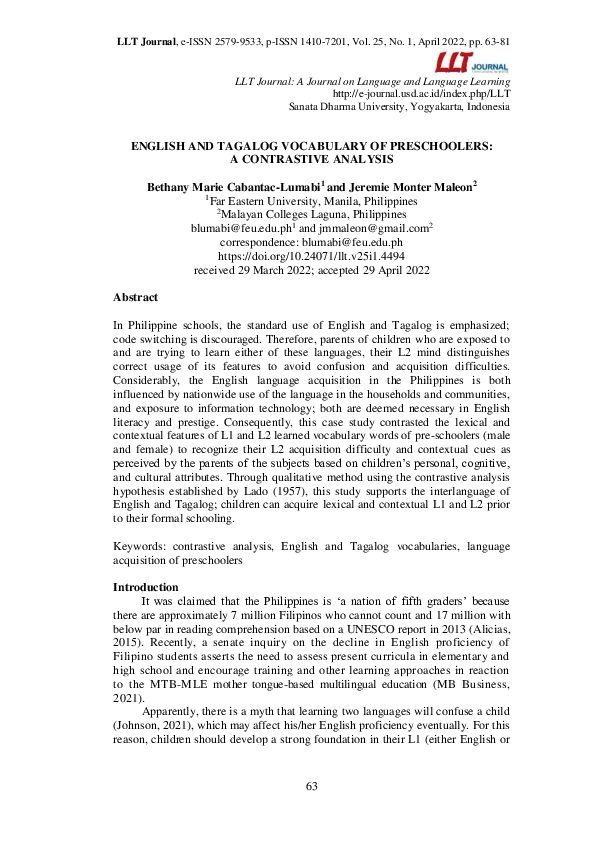 (PDF) English and Tagalog Vocabulary of Preschoolers: A Contrastive ...