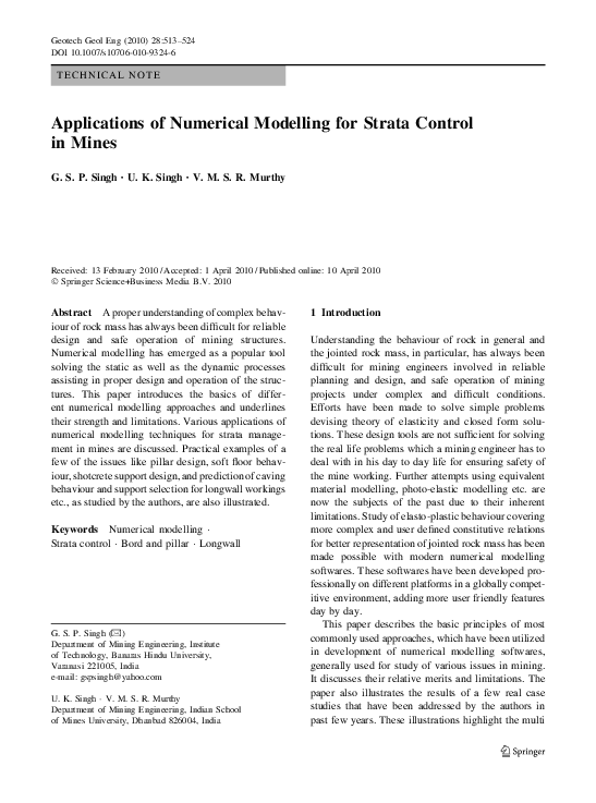 (PDF) Applications of Numerical Modelling for Strata Control in Mines
