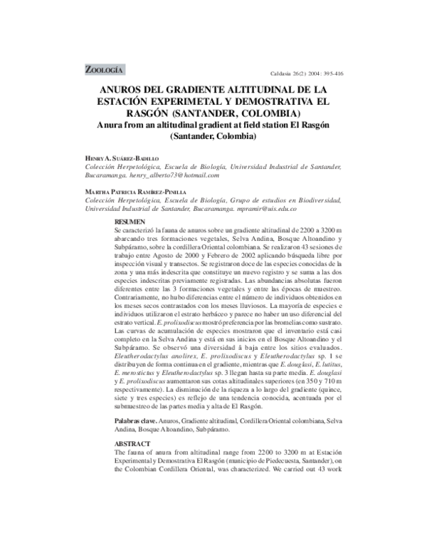 (PDF) Anuros del gradiente altitudinal de la estación experimental y ...