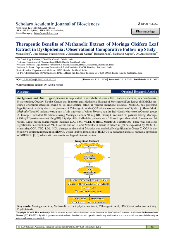 (PDF) Therapeutic Benefits of Methanolic Extract of Moringa Oleifera Leaf Extract in ...