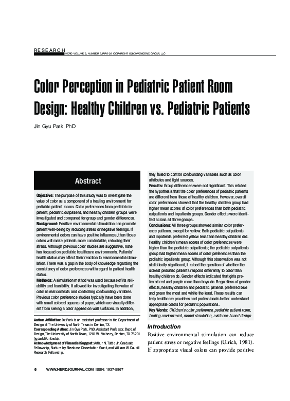 (PDF) Color Perception in Pediatric Patient Room Design: American ...