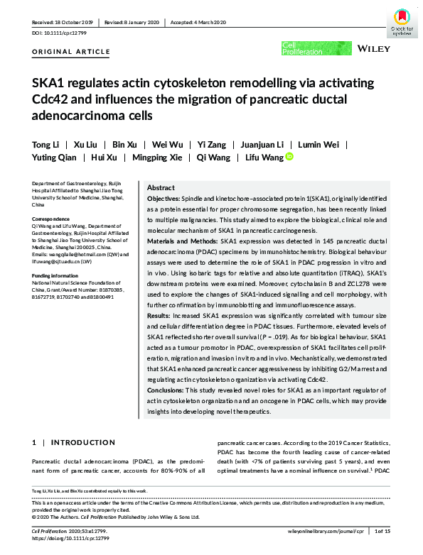 (PDF) SKA1 regulates actin cytoskeleton remodelling via activating ...