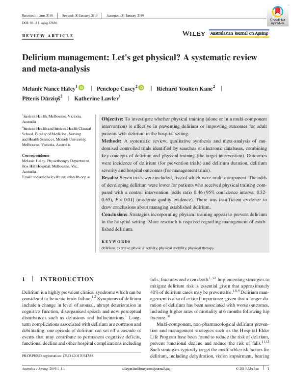 (PDF) Delirium management: Let's get physical? A systematic review and meta‐analysis