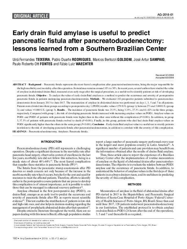 (PDF) Early Drain Fluid Amylase is Useful to Predict Pancreatic Fistula ...