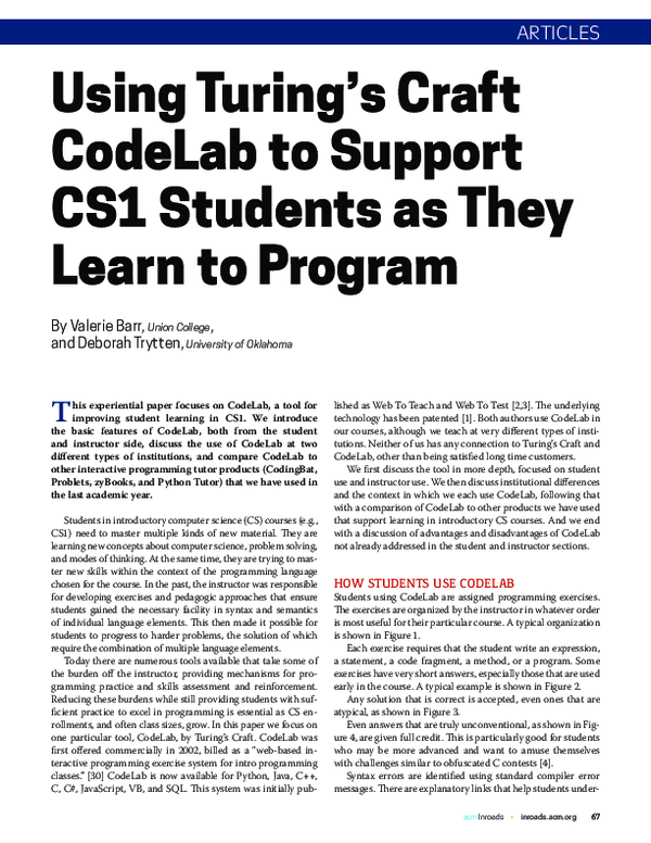 (PDF) Using turing's craft codelab to support CS1 students as they learn to program