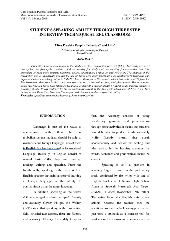 (PDF) Student’s Speaking Ability Through Three Step Interview Technique ...