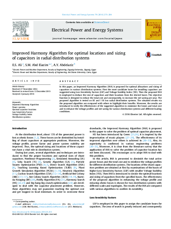 (PDF) Improved Harmony Algorithm for optimal locations and sizing of capacitors in radial ...
