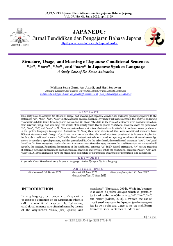 (PDF) Structure, Usage, and Meaning of Japanese Conditional Sentences ...