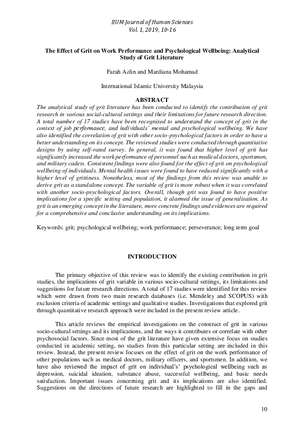 (PDF) The The Effect of Grit on Work Performance, Psychological ...