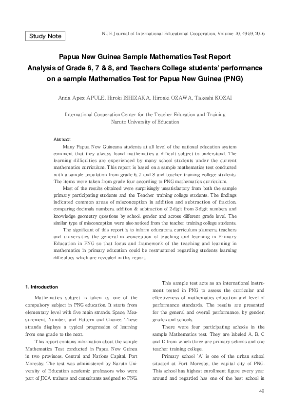 (PDF) Papua New Guinea Sample Mathematics Test Report : Analysis of ...
