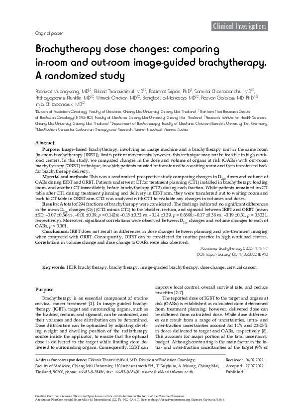 (PDF) Brachytherapy dose changes: comparing in-room and out-room image-guided brachytherapy. A ...