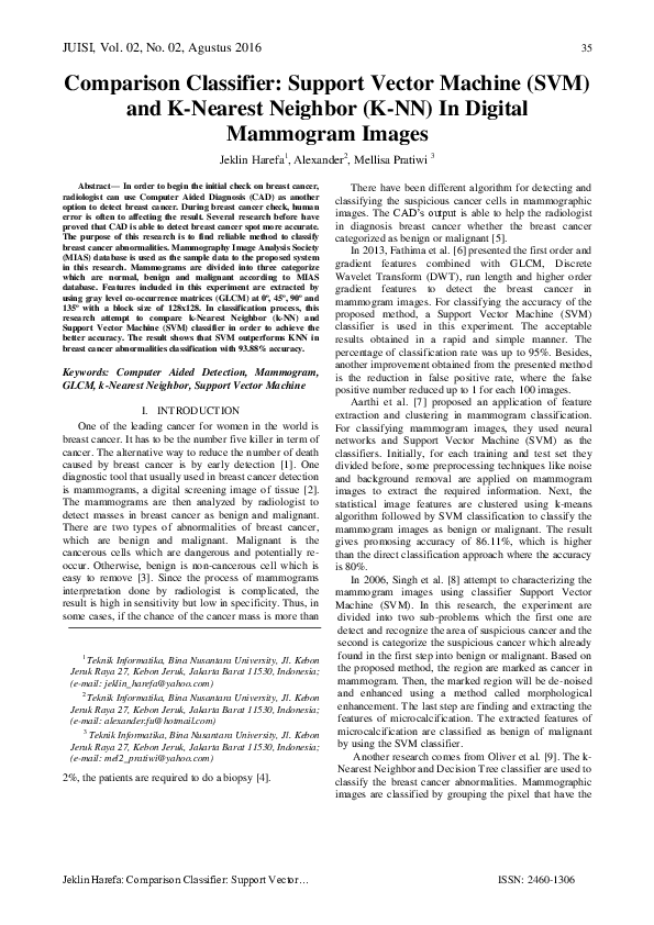 Pdf Comparison Classifier Support Vector Machine Svm And K Nearest Neighbor K Nn In 8278