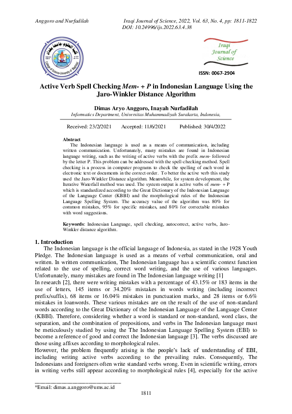 (PDF) Active Verb Spell Checking Mem- + P in Indonesian Language Using the Jaro-Winkler Distance ...