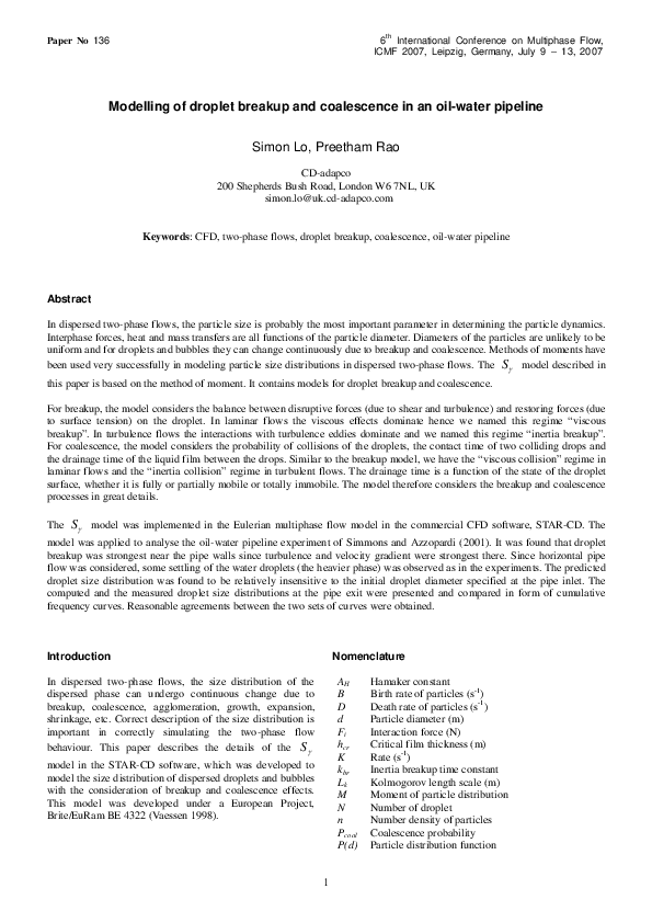 (PDF) Modelling of droplet breakup and coalescence in an oil-water pipeline (PDF) Modelling of droplet breakup and coalescence in an oil-water pipeline
