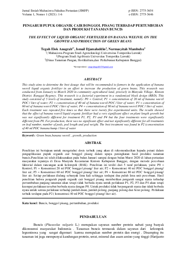 (PDF) Pengaruh Pupuk Organik Cair Bonggol Pisang Terhadap Pertumbuhan Dan Produksi Tanaman Buncis